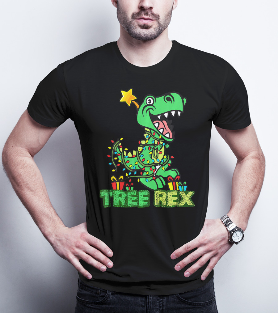 Tree Rex Dinosaur Wrapped In Christmas Lights With Presents And Star T-Shirt