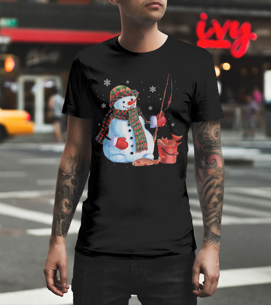 Merry Christmas Snowman Fishing With Fish And Snowflakes T-Shirt