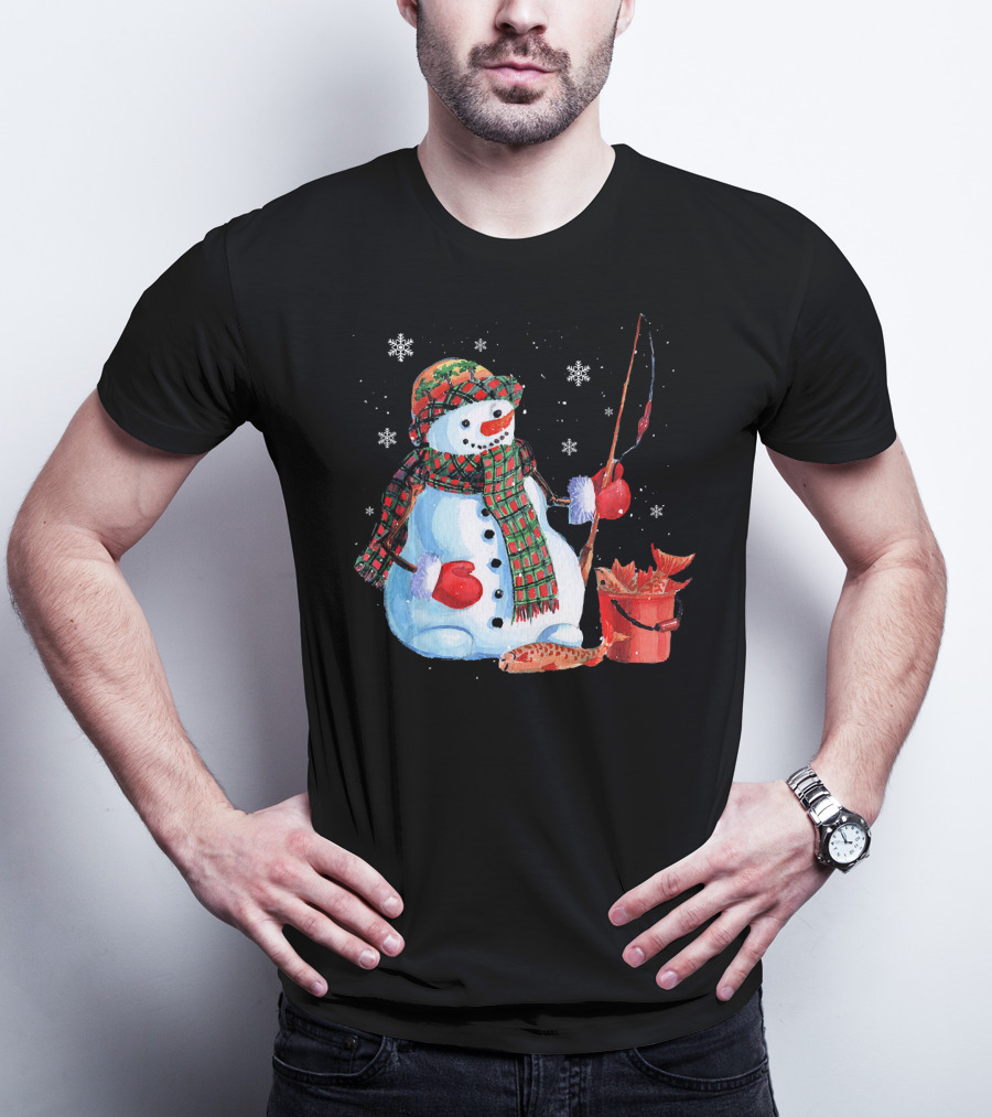 Merry Christmas Snowman Fishing With Fish And Snowflakes T-Shirt