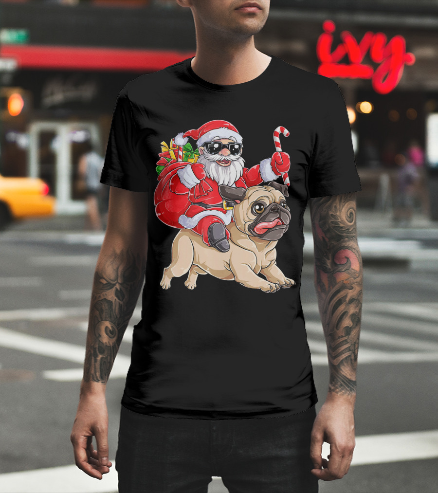 Santa Claus Riding Pug With Candy Cane And Gifts T-Shirt