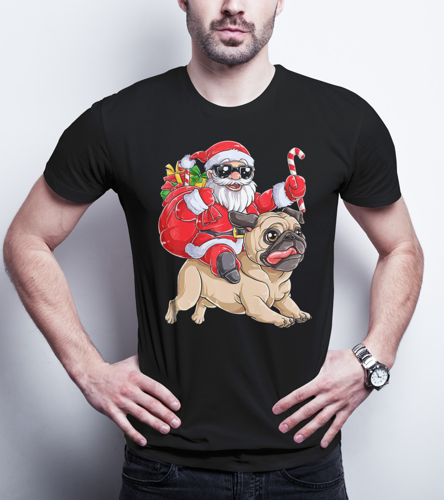 Santa Claus Riding Pug With Candy Cane And Gifts T-Shirt
