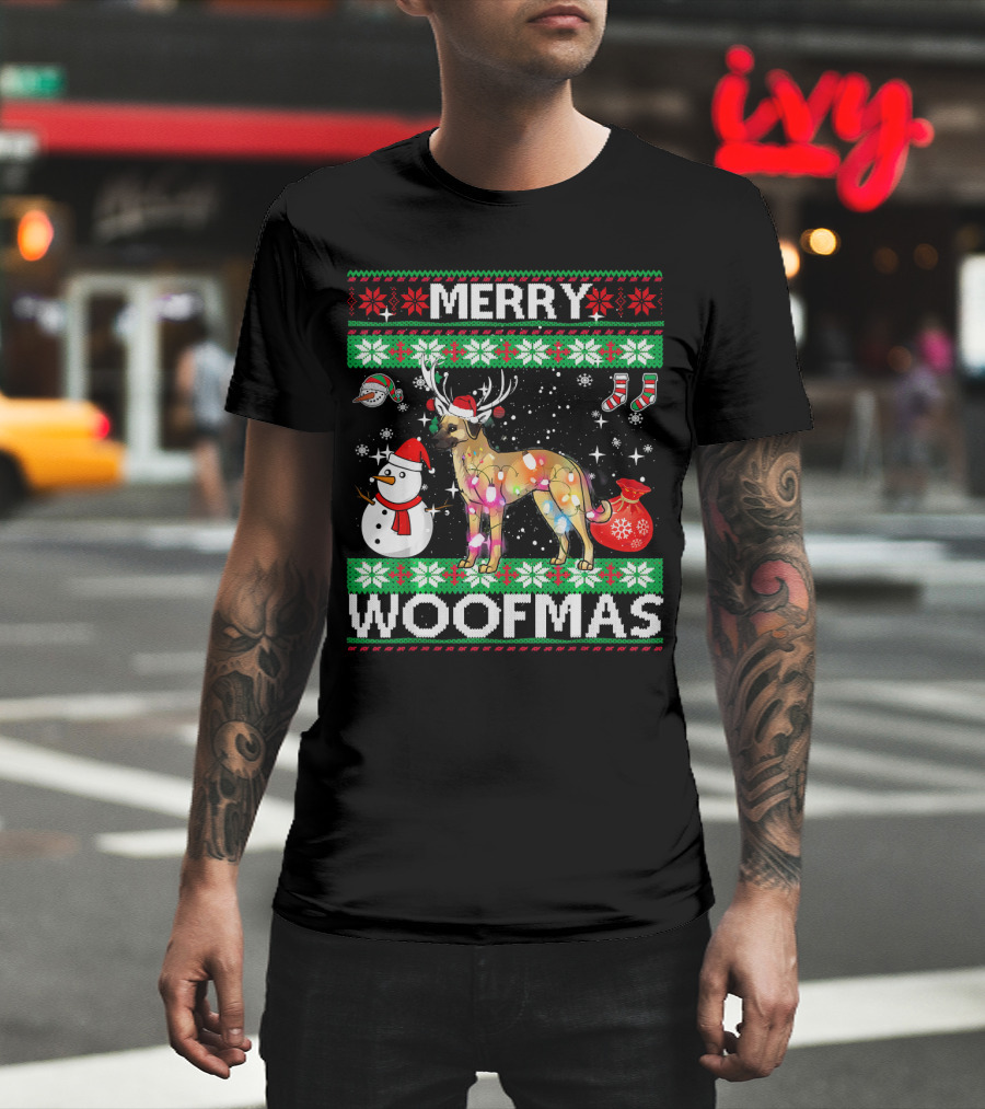 Merry Woofmas Anatolian Shepherd Reindeer Lights Holiday Sweater Snowman Stockings T-Shirt