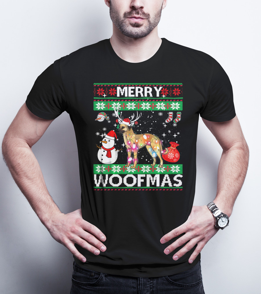 Merry Woofmas Anatolian Shepherd Reindeer Lights Holiday Sweater Snowman Stockings T-Shirt