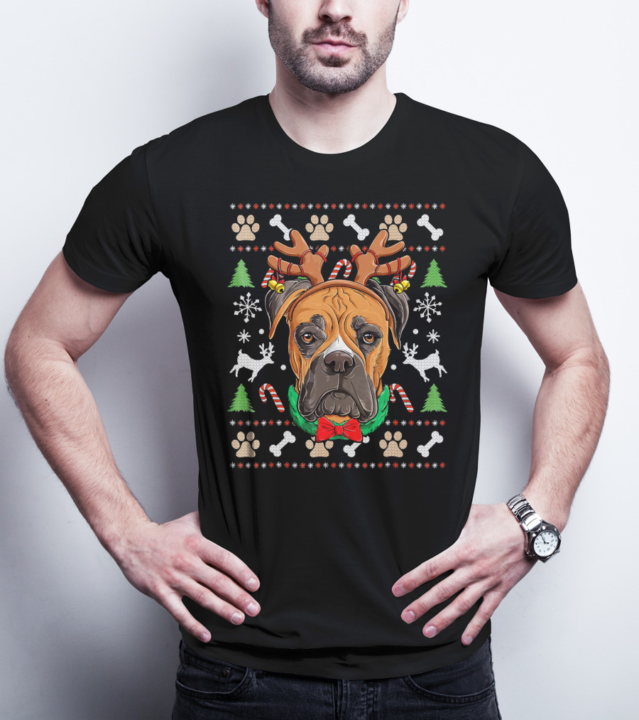 Boxer Ugly Christmas Reindeer Antlers Candy Canes Snowflakes Green Trees T-Shirt