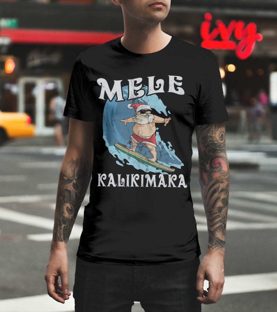 Mele Kalikimaka Funny Santa Surfing Wave T-Shirt