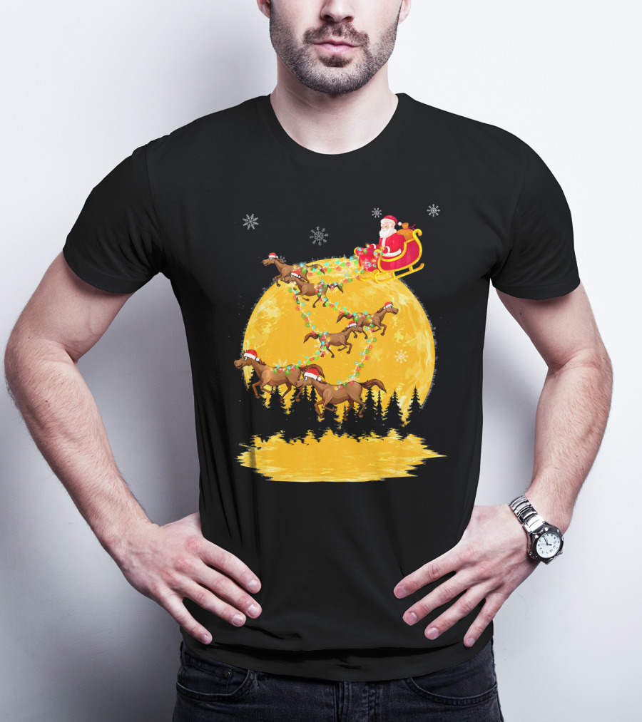 Santa Claus On Sleigh With Horses And Christmas Moon T-Shirt