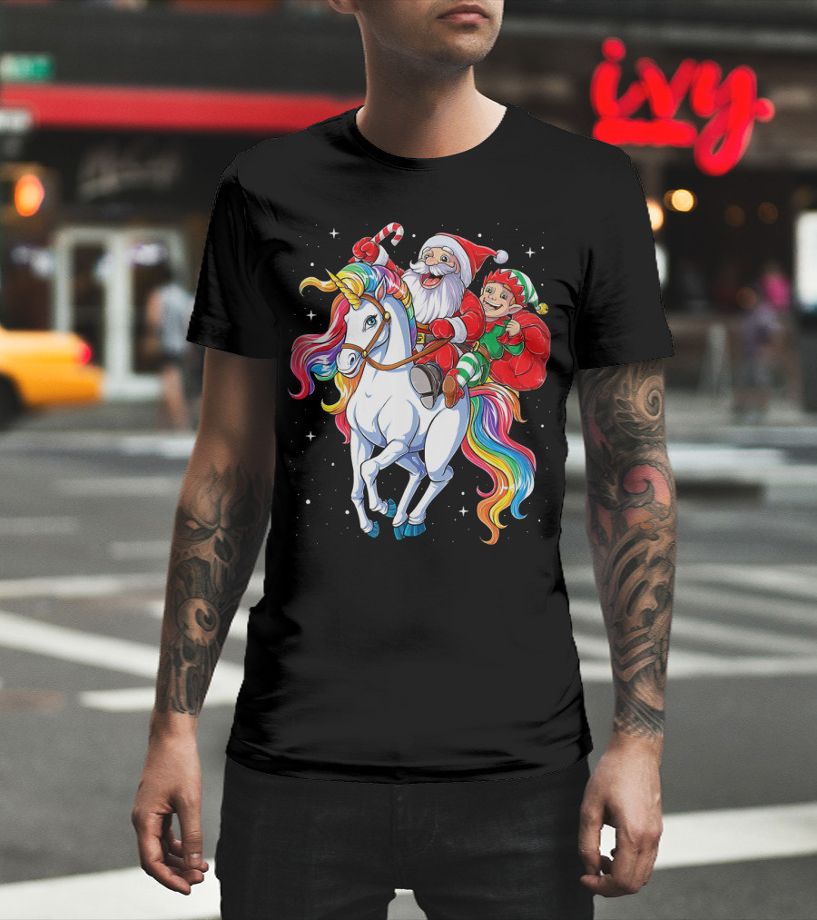 Santa And Elf Riding Rainbow Unicorn Christmas Magic T-Shirt