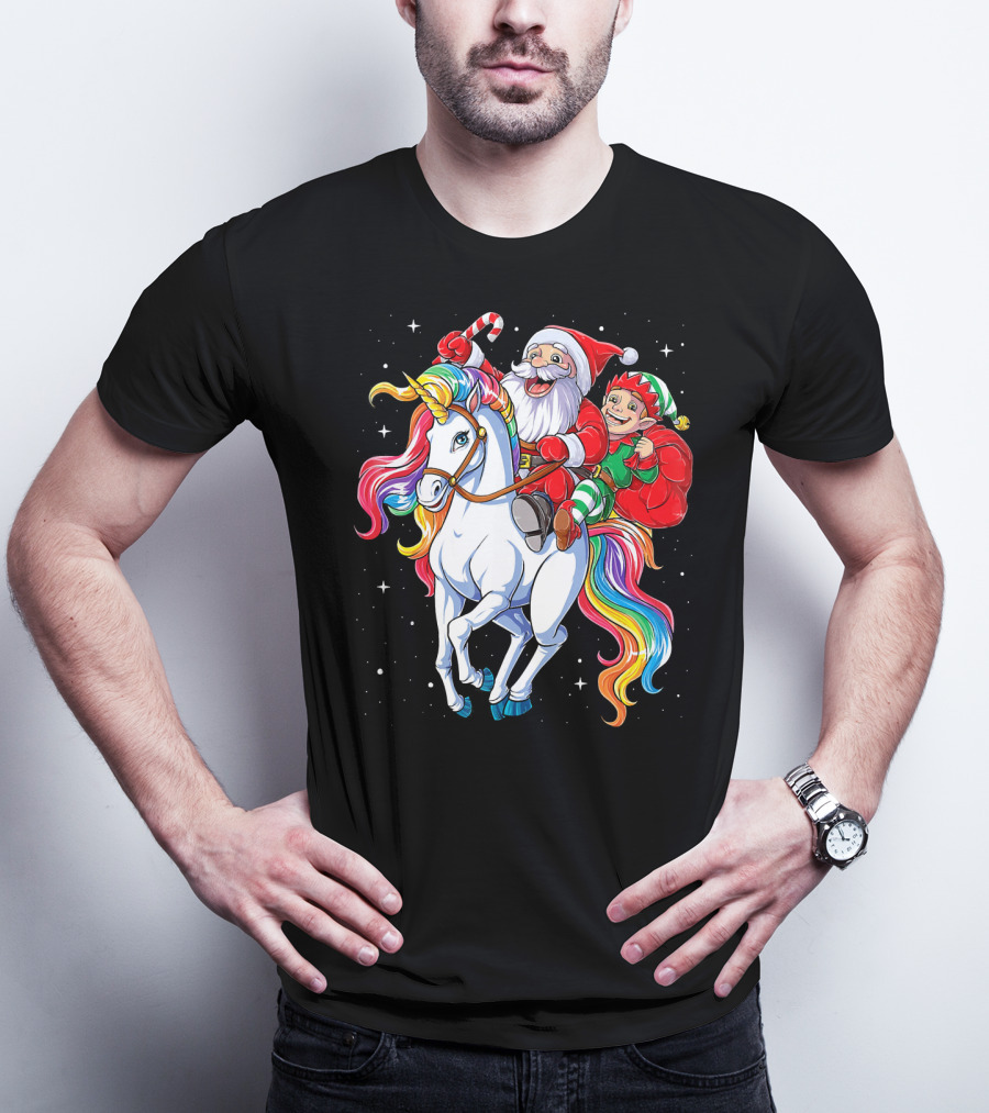Santa And Elf Riding Rainbow Unicorn Christmas Magic T-Shirt