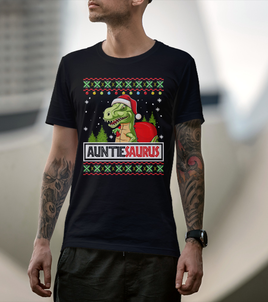 Auntiesaurus Funny Auntie Dinosaur Christmas Sweater T-Rex Santa Hat T-Shirt