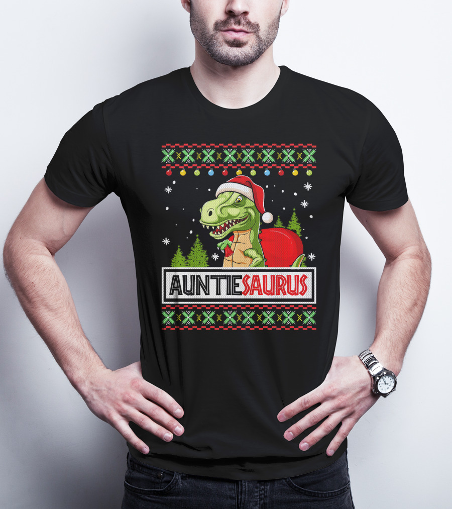 Auntiesaurus Funny Auntie Dinosaur Christmas Sweater T-Rex Santa Hat T-Shirt