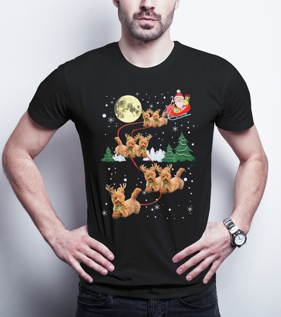 Funny Reindeer Dogs With Santa Sleigh Under Full Moon T-Shirt