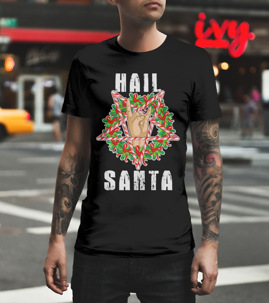 Hail Santa Candy Cane Wreath Hand Sign T-Shirt