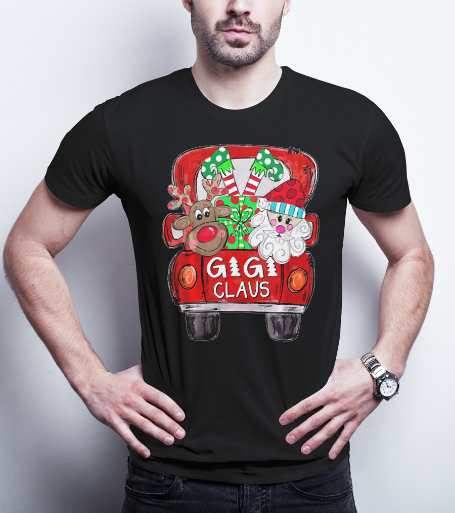 GiGi Claus Christmas Red Truck Reindeer With Gifts And Candy Canes T-Shirt