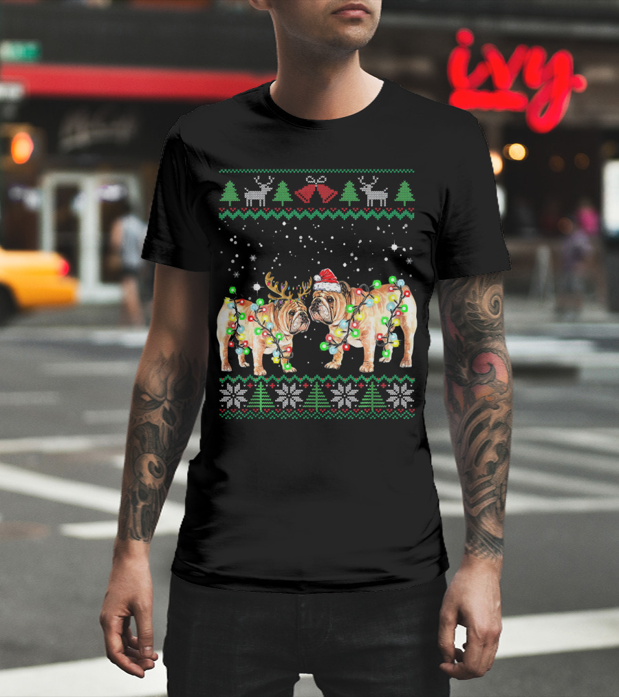 Bulldog Ugly Christmas Sweater With Santa Hat And Reindeer Antlers T-Shirt
