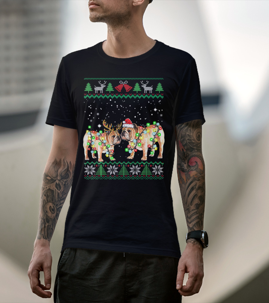 Bulldog Ugly Christmas Sweater With Santa Hat And Reindeer Antlers T-Shirt