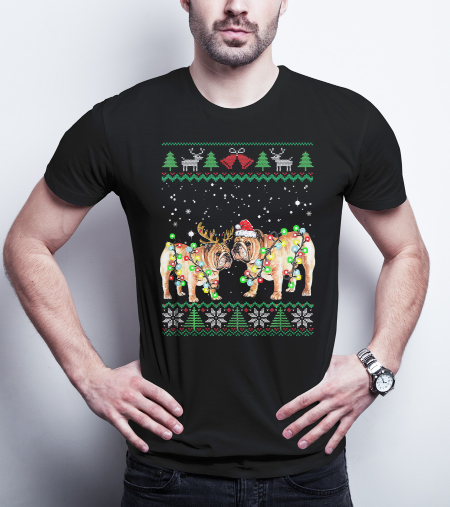 Bulldog Ugly Christmas Sweater With Santa Hat And Reindeer Antlers T-Shirt