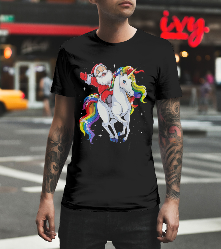 Santa Riding Magical Rainbow Unicorn T-Shirt