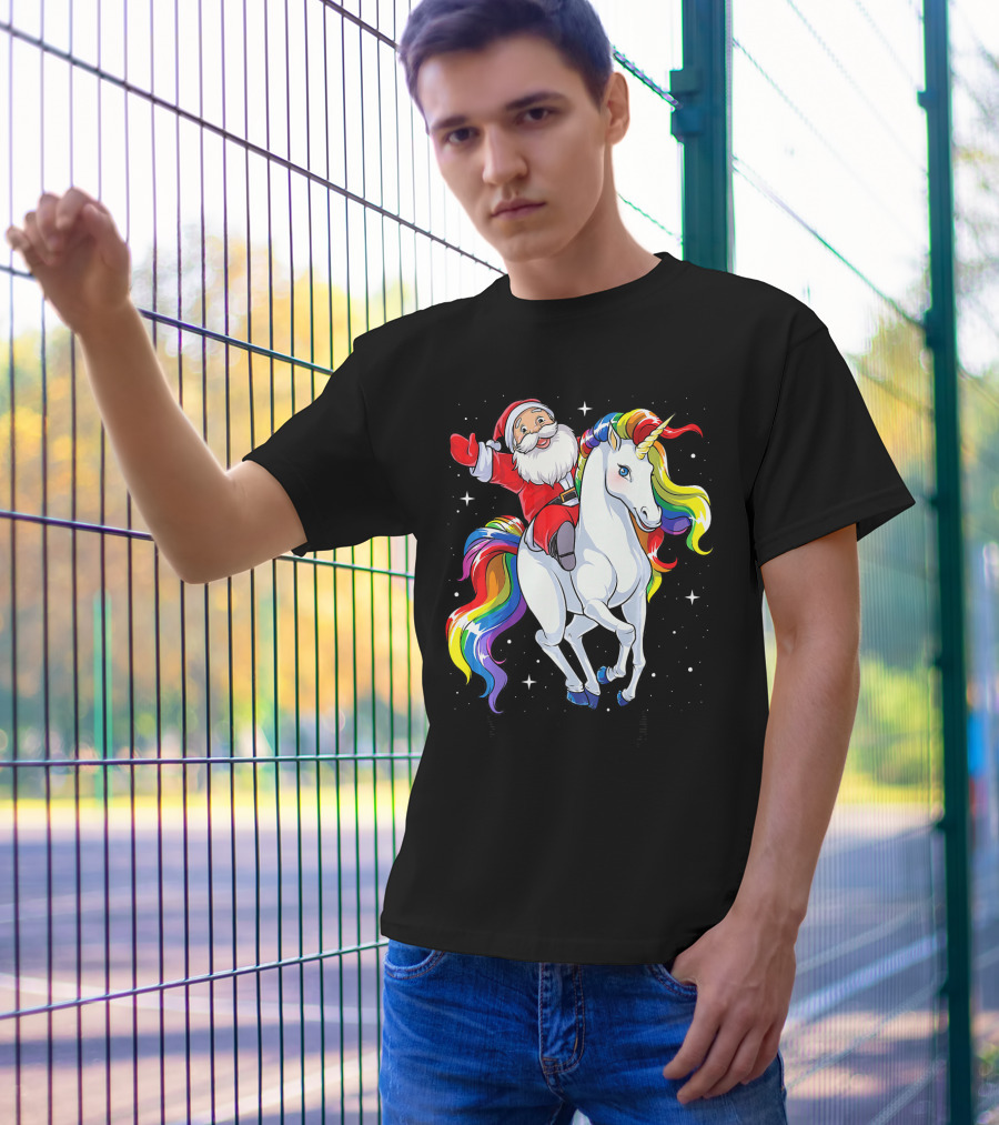 Santa Riding Magical Rainbow Unicorn T-Shirt