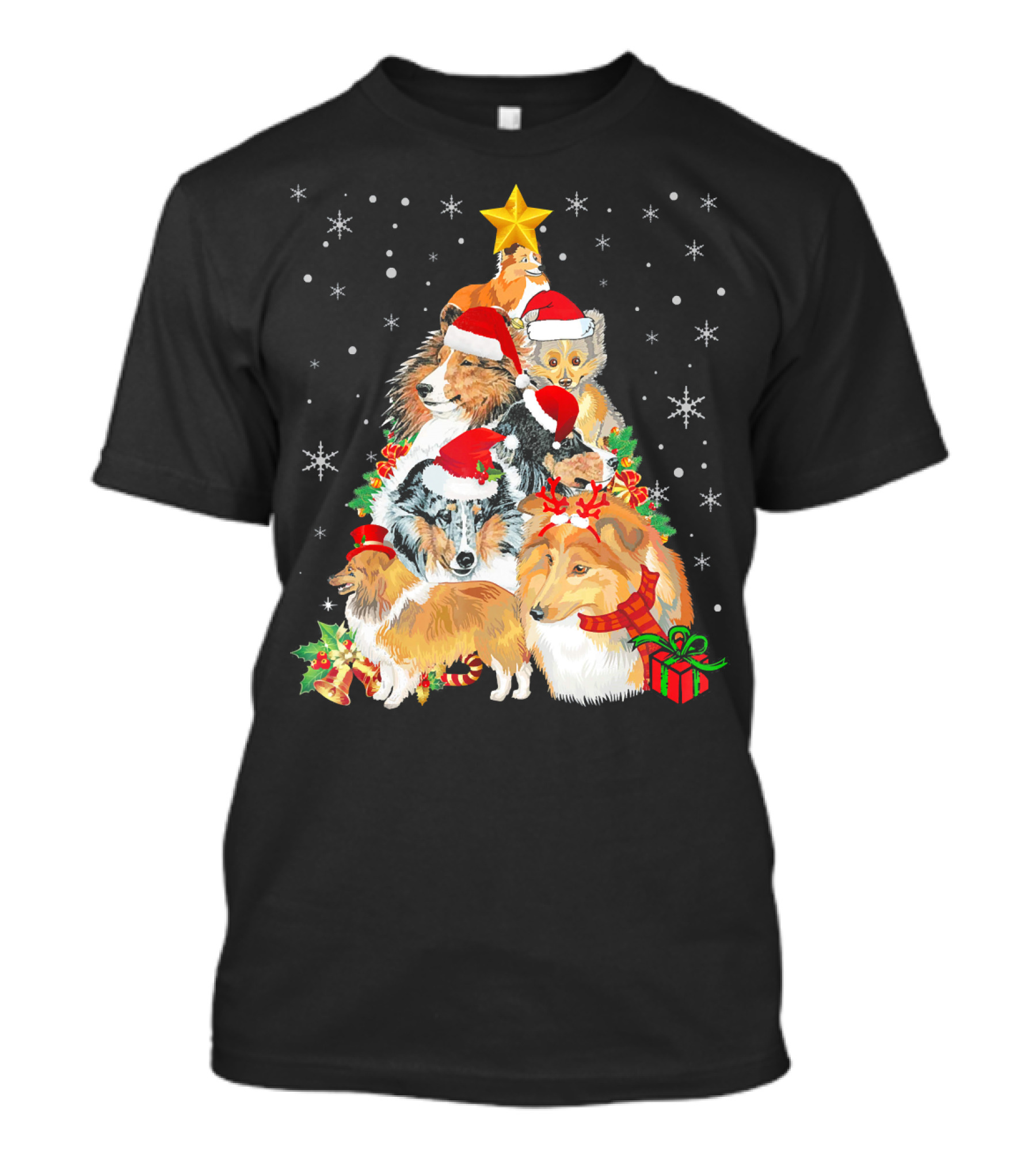 Sheltie Dogs In Santa Hats Forming Christmas Tree With Stars And Gifts T-Shirt