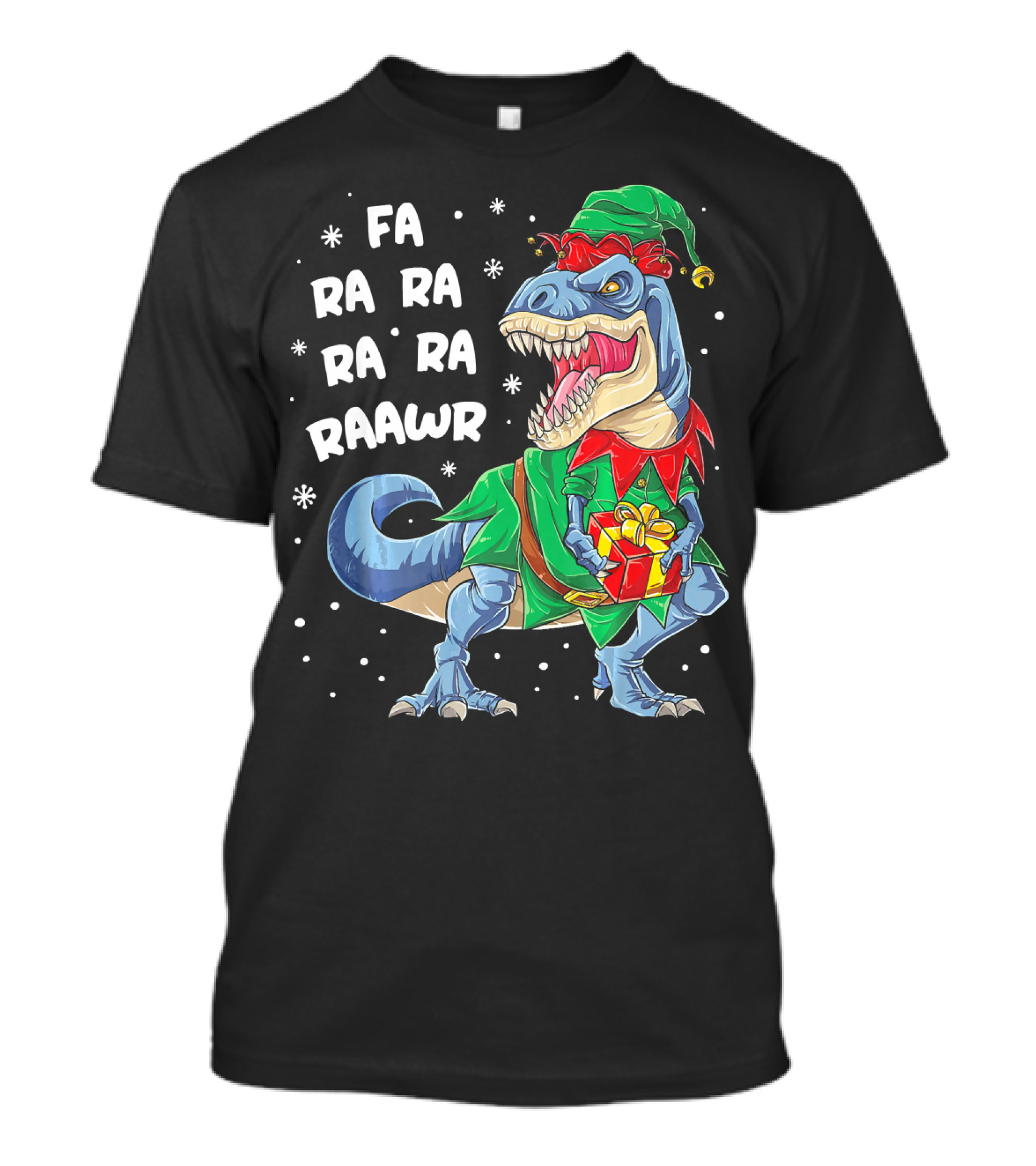 Fa Ra Ra Ra Ra Rawr Dinosaur Christmas Elf With Gift T-Shirt