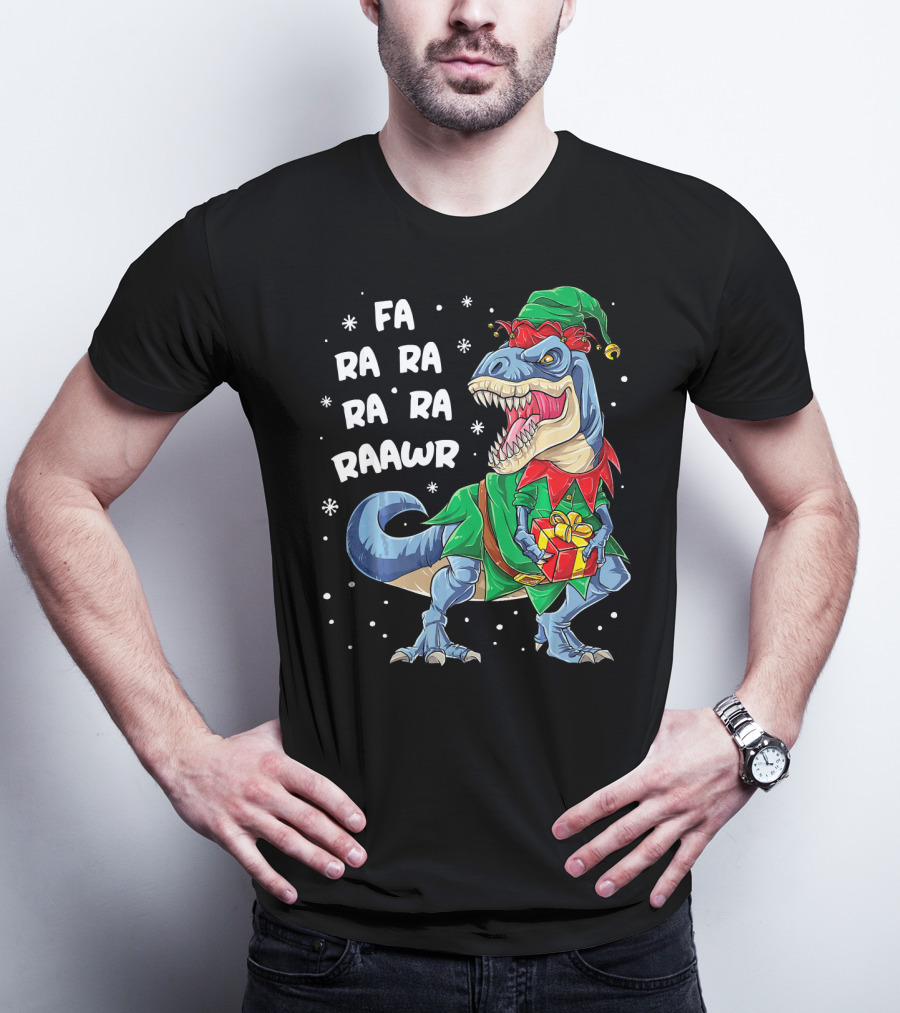 Fa Ra Ra Ra Ra Rawr Dinosaur Christmas Elf With Gift T-Shirt