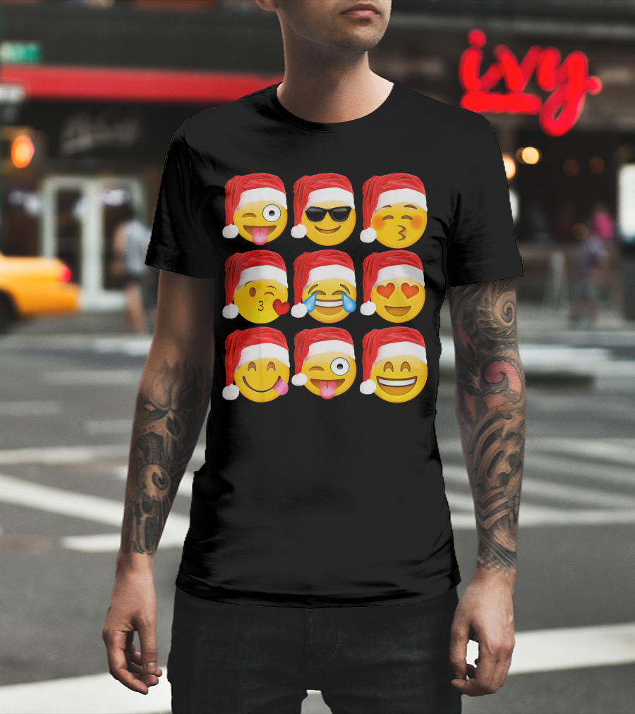Emoji Christmas Santa Hats Heart Eyes Kiss Faces T-Shirt