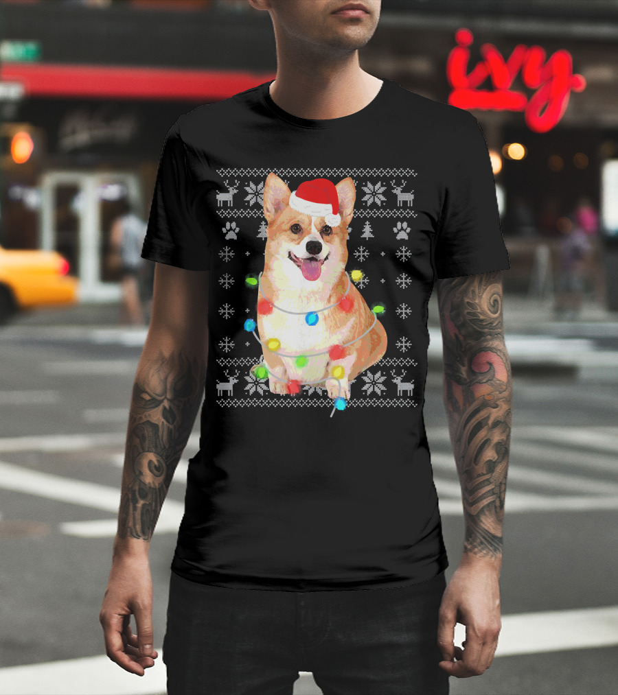 Corgi UglyStyle Christmas Lights Snowflakes Reindeer Dog T-Shirt