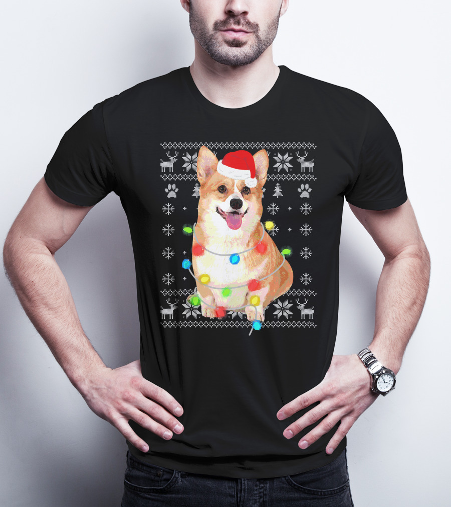 Corgi UglyStyle Christmas Lights Snowflakes Reindeer Dog T-Shirt