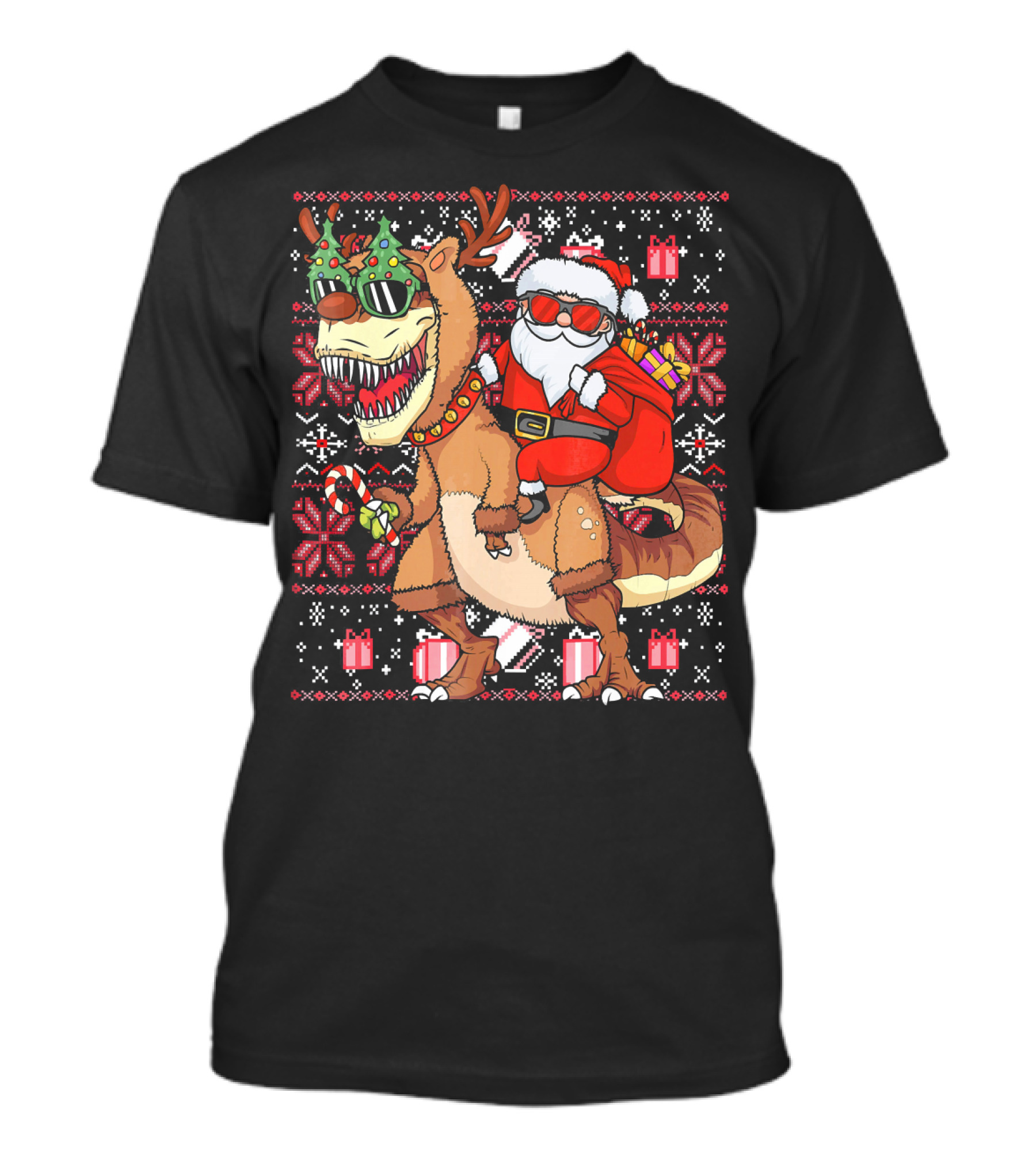 Santa Riding Trex Dinosaur Ugly Christmas T-Shirt