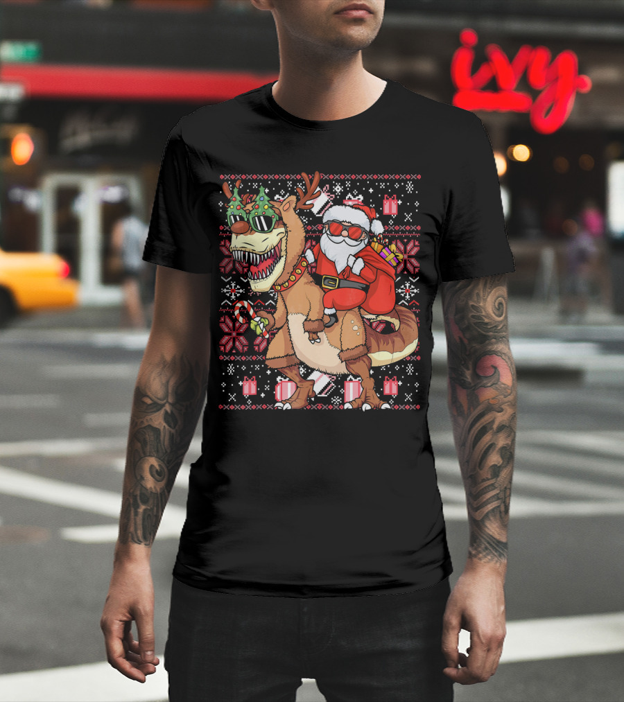 Santa Riding Trex Dinosaur Ugly Christmas T-Shirt