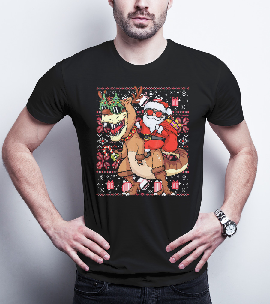 Santa Riding Trex Dinosaur Ugly Christmas T-Shirt