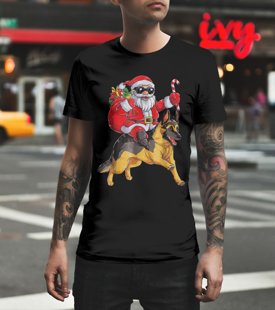 Santa Claus Riding German Shepherd With Candy Cane And Gifts T-Shirt