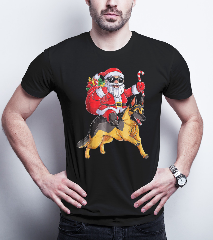 Santa Claus Riding German Shepherd With Candy Cane And Gifts T-Shirt