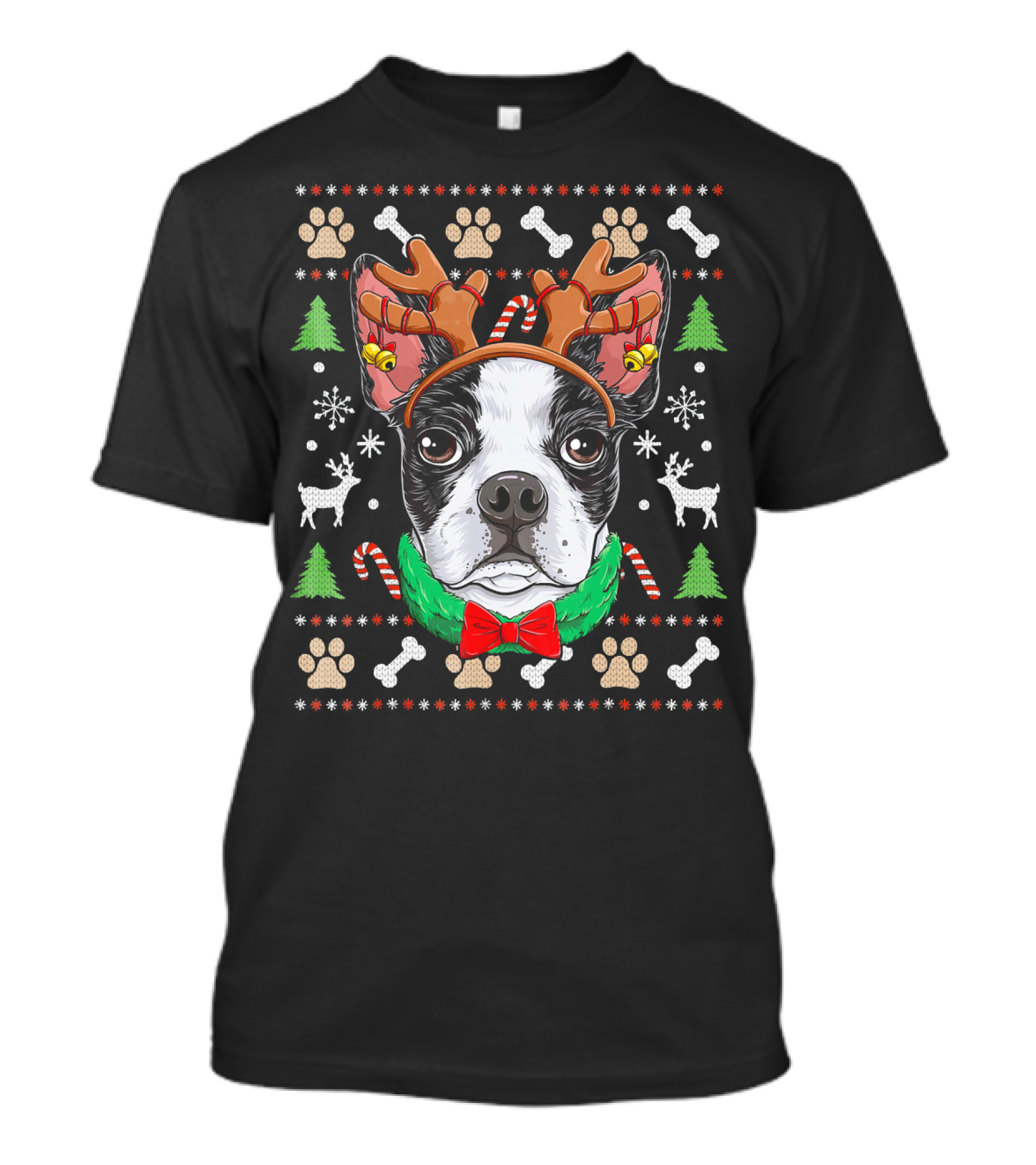 Boston Terrier Christmas Reindeer Antlers Candy Canes Snowflakes Paw Prints T-Shirt