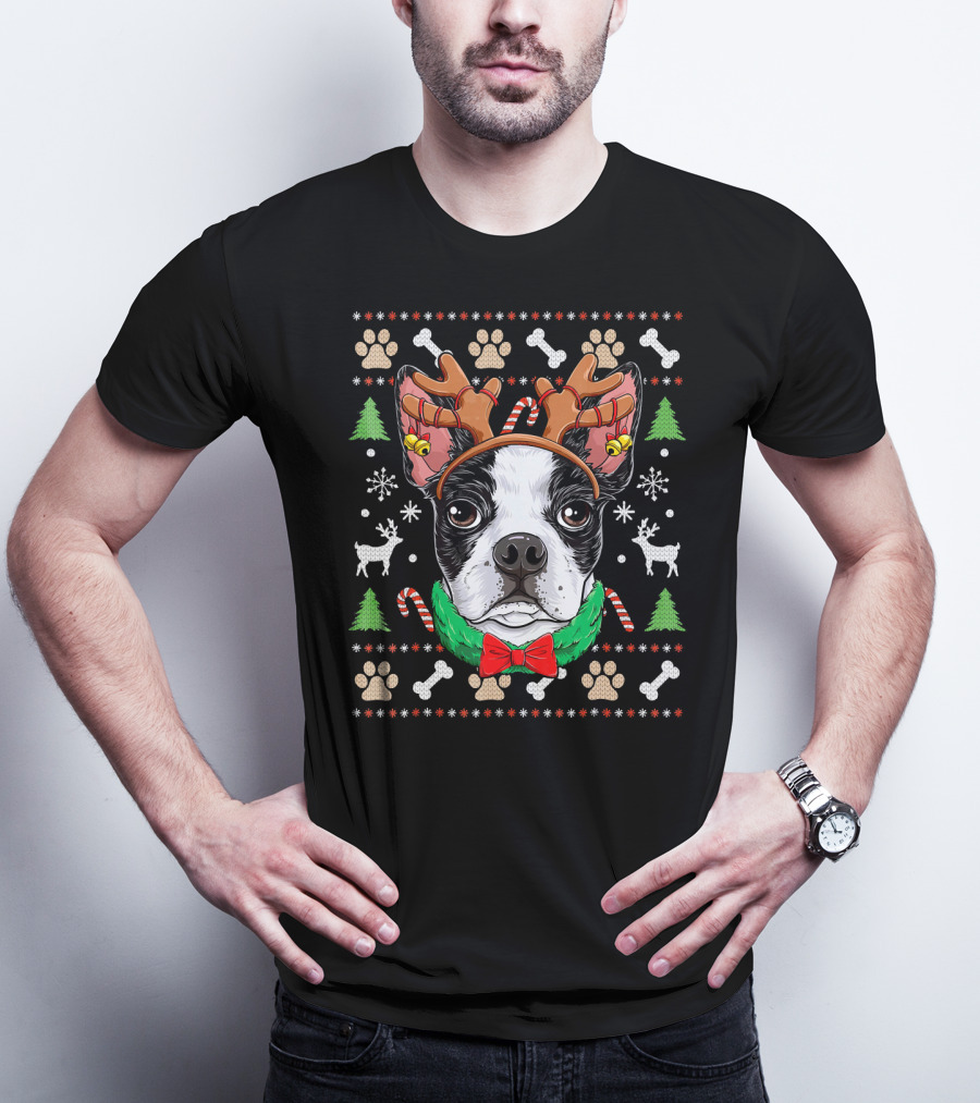 Boston Terrier Christmas Reindeer Antlers Candy Canes Snowflakes Paw Prints T-Shirt