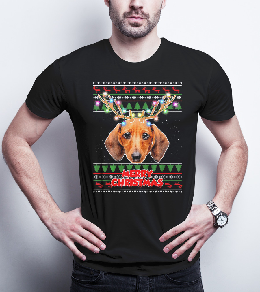 Merry Christmas Dachshund With Antler Ugly T-Shirt