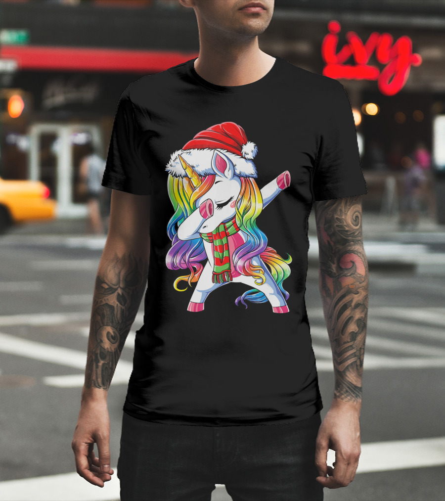 Dabbing Unicorn In Santa Hat With Rainbow Mane And Scarf For Christmas Girls T-Shirt