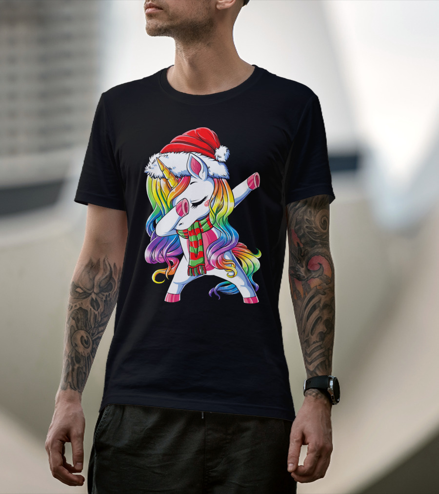 Dabbing Unicorn In Santa Hat With Rainbow Mane And Scarf For Christmas Girls T-Shirt