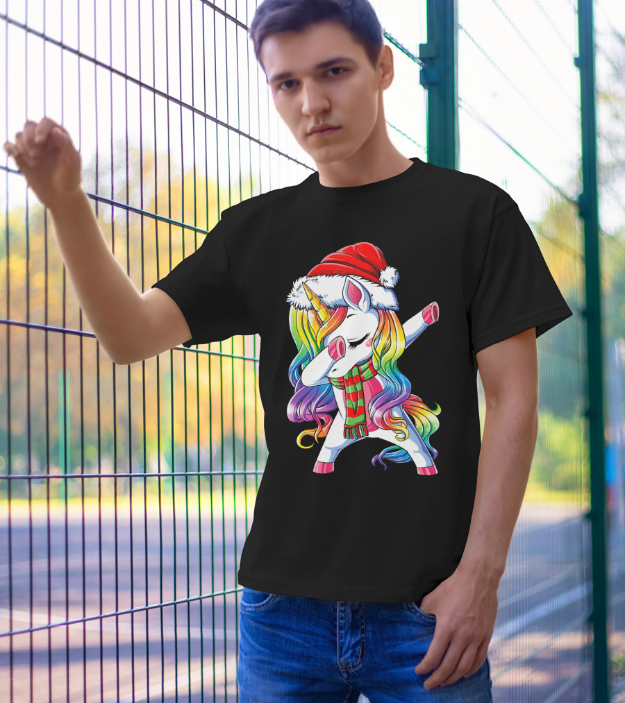 Dabbing Unicorn In Santa Hat With Rainbow Mane And Scarf For Christmas Girls T-Shirt
