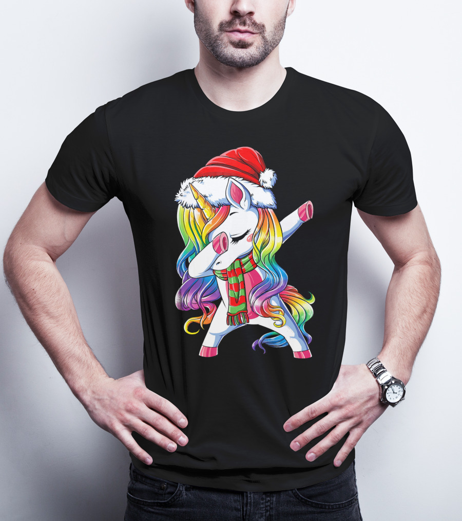 Dabbing Unicorn In Santa Hat With Rainbow Mane And Scarf For Christmas Girls T-Shirt