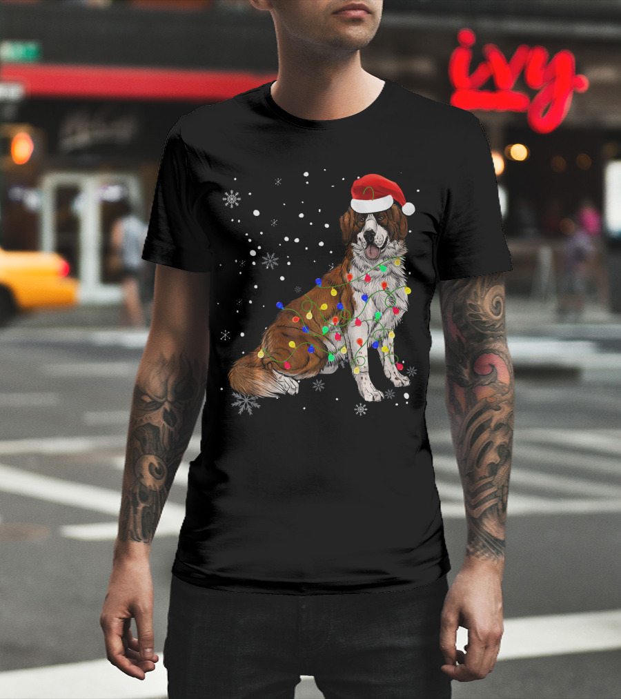 Bernard Dog Christmas Lights Santa Hat Snowflakes T-Shirt