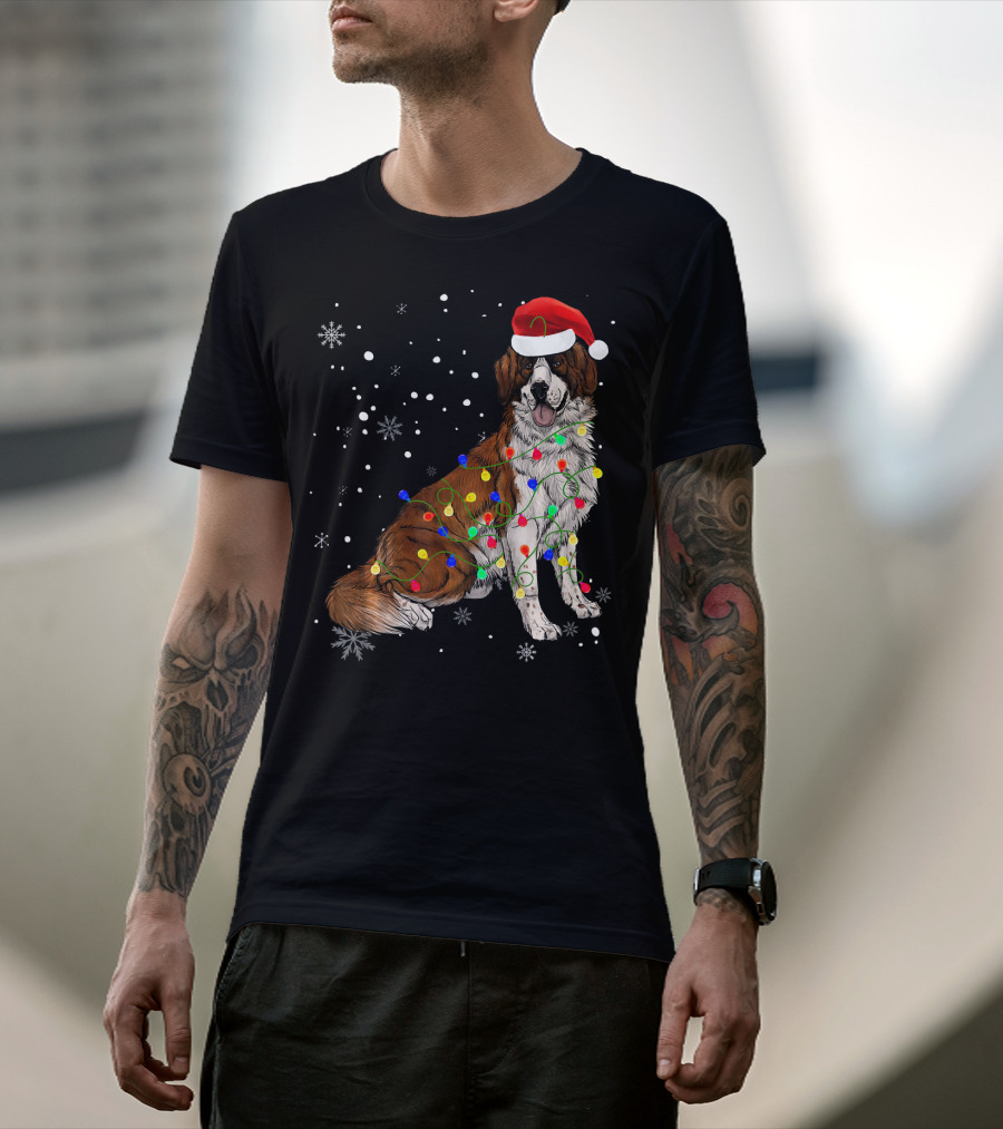 Bernard Dog Christmas Lights Santa Hat Snowflakes T-Shirt