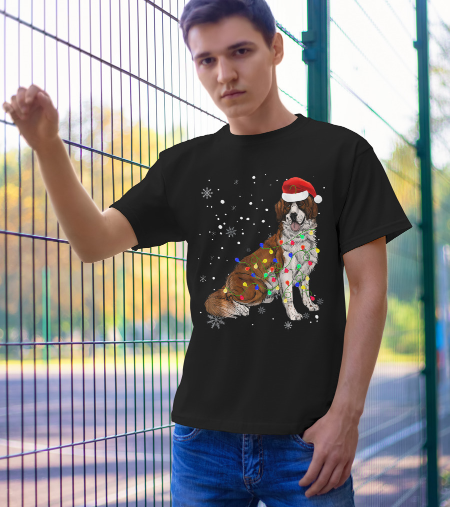 Bernard Dog Christmas Lights Santa Hat Snowflakes T-Shirt