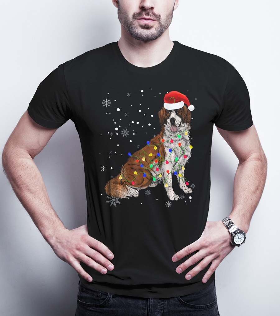 Bernard Dog Christmas Lights Santa Hat Snowflakes T-Shirt