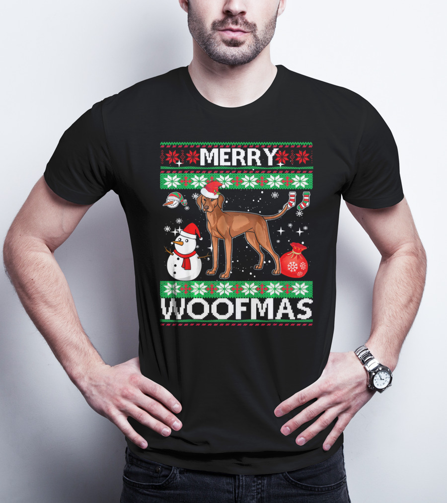 Merry Woofmas Vizsla Dog Festive Snowman Santa Hat T-Shirt