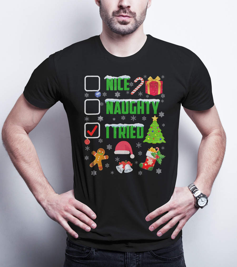I Tried Nice Naughty Christmas Humor Candy Cane Gingerbread Santa Hat T-Shirt