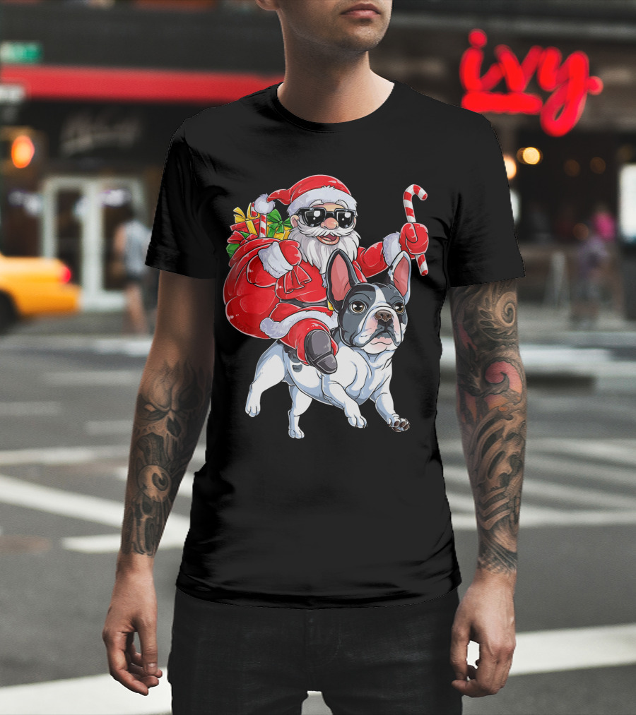 French Bulldog Christmas Santa Claus Cane Sleigh T-Shirt