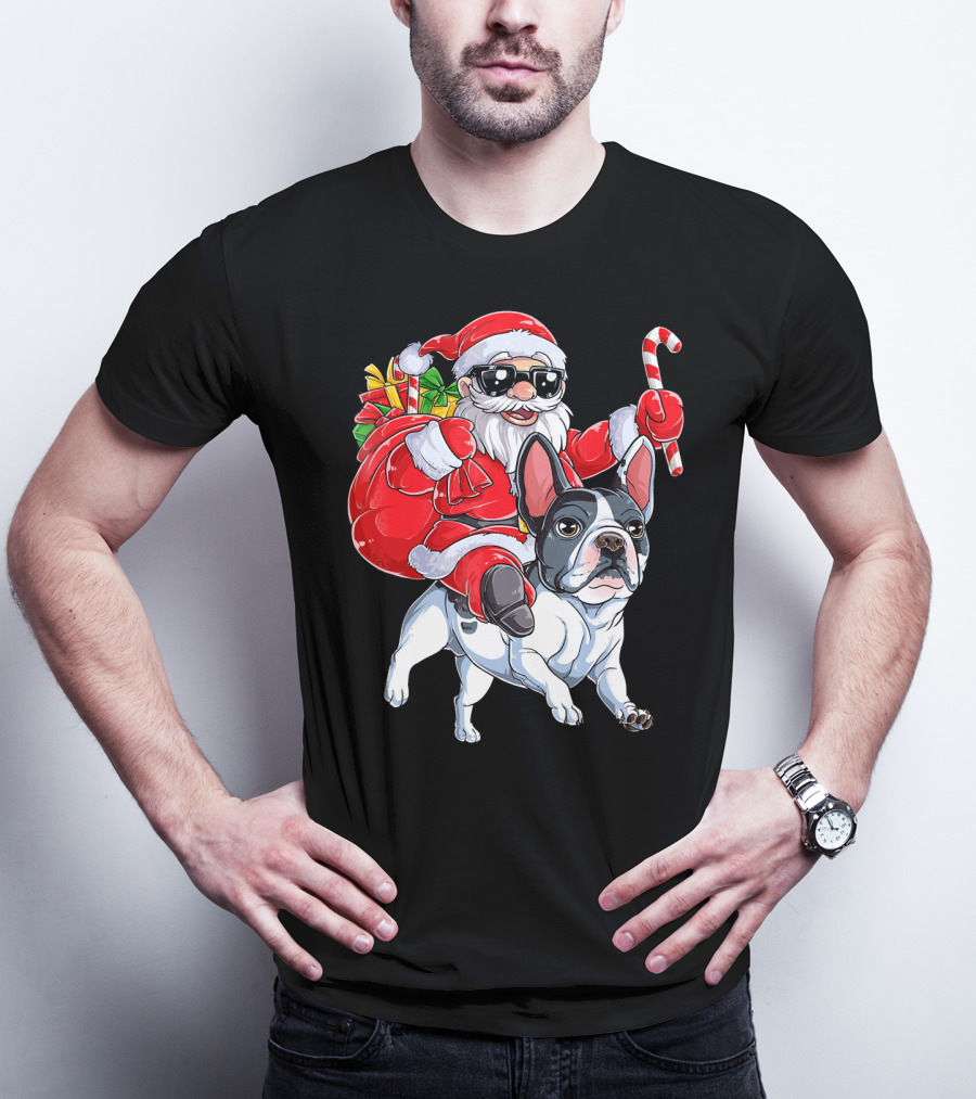 French Bulldog Christmas Santa Claus Cane Sleigh T-Shirt