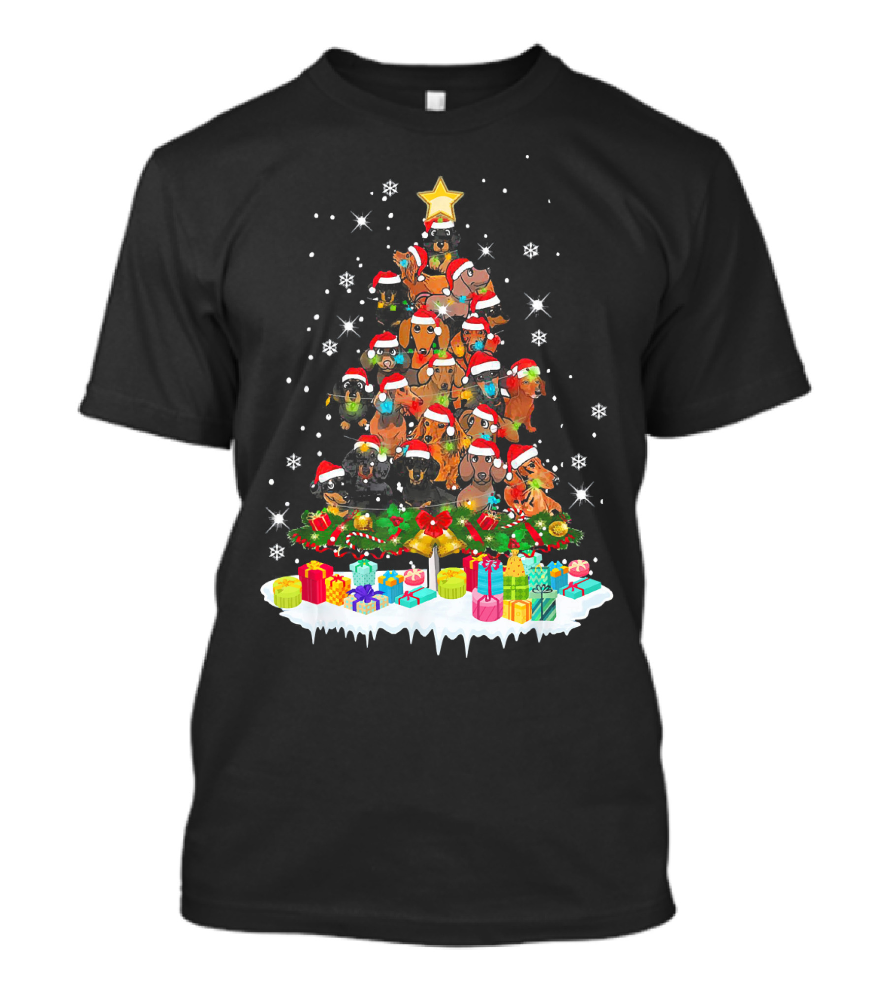 Funny Dachshund Christmas Tree With Santa Hats And Presents T-Shirt