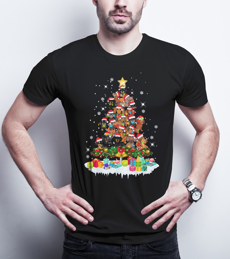 Funny Dachshund Christmas Tree With Santa Hats And Presents T-Shirt